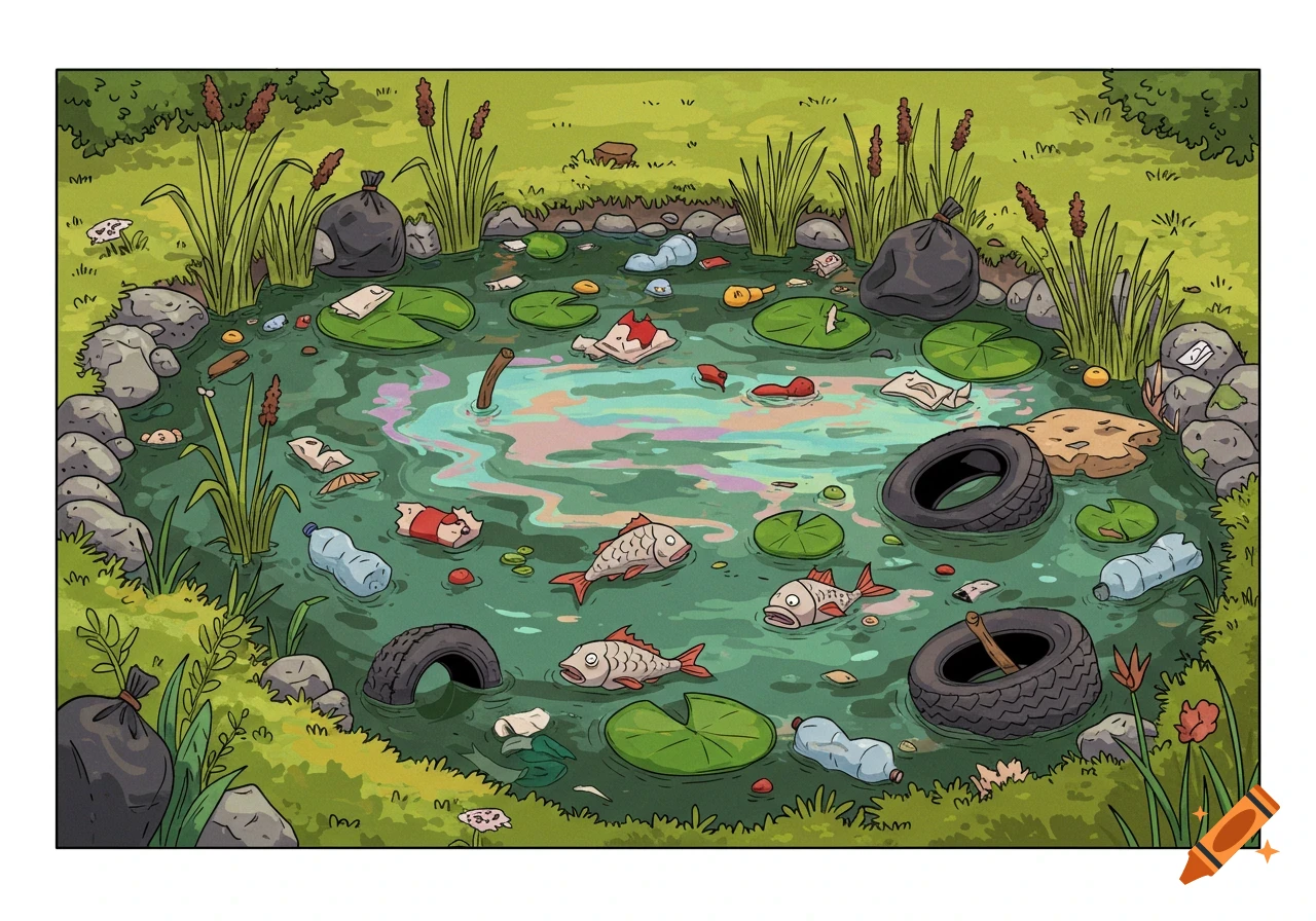 Cartoon illustration of a polluted pond filled with trash, oil sheen ...