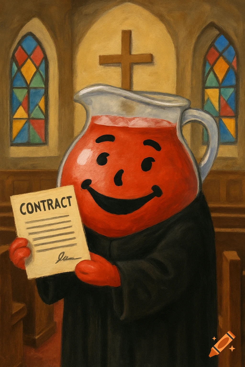 Kool-Aid man in a church holding a contract, painted style on Craiyon