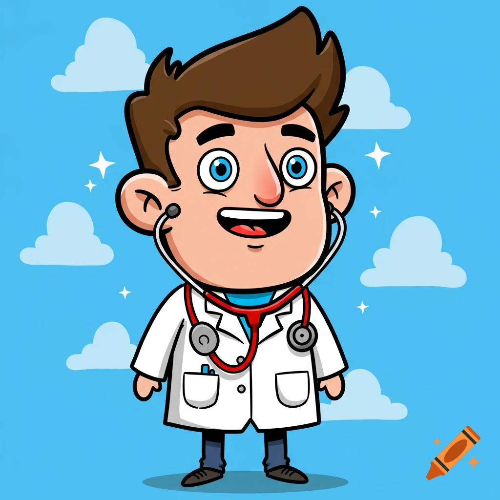 Cartoon drawing of a doctor with a stethoscope against a blue sky. on ...