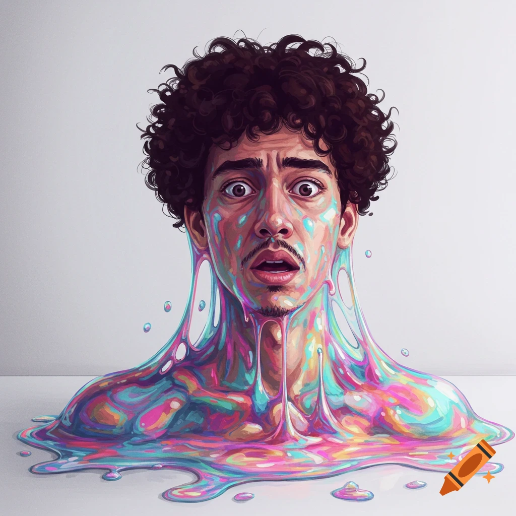 Surreal portrait of a person melting into vibrant, multi-colored goo on ...