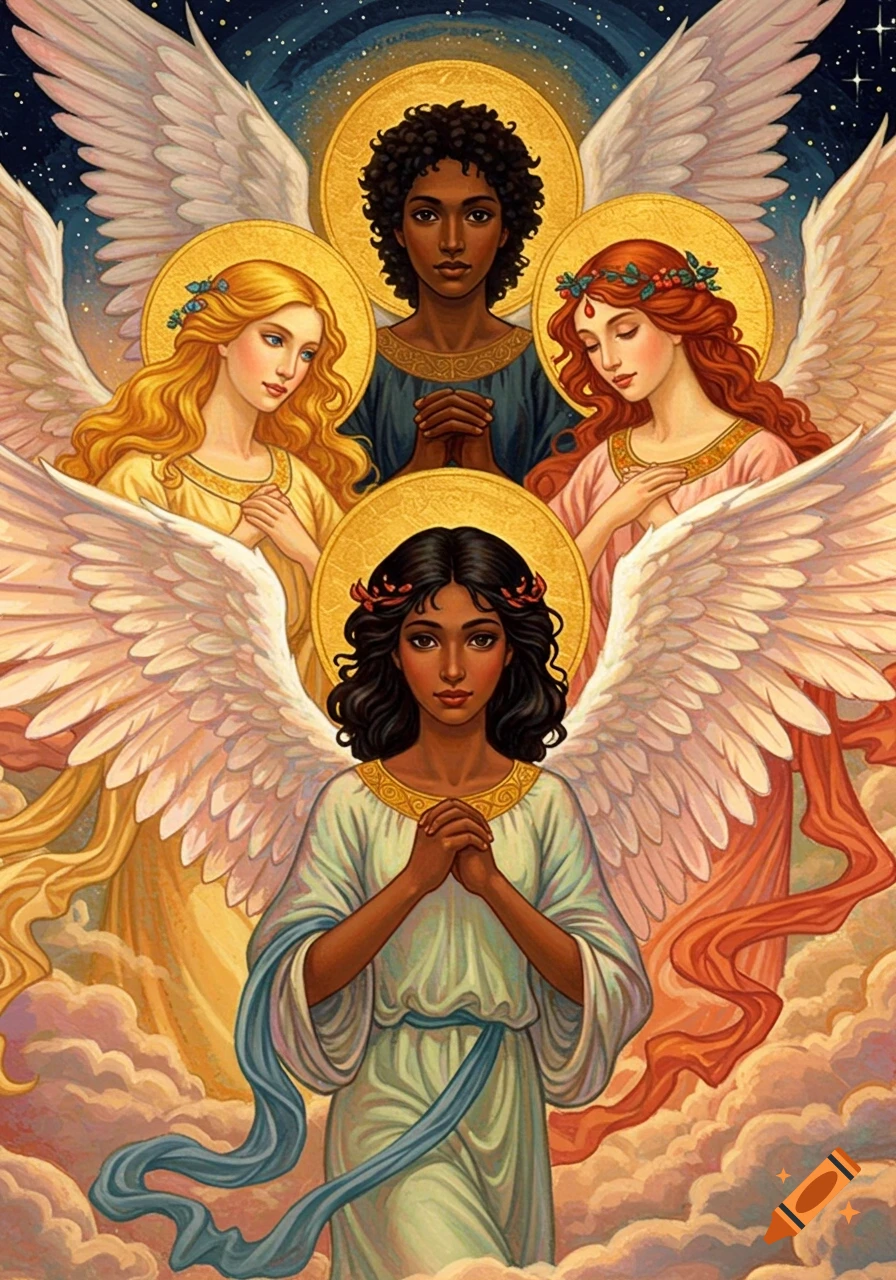 Four angels with halos and large wings pray among clouds in an illustrated style. on Craiyon