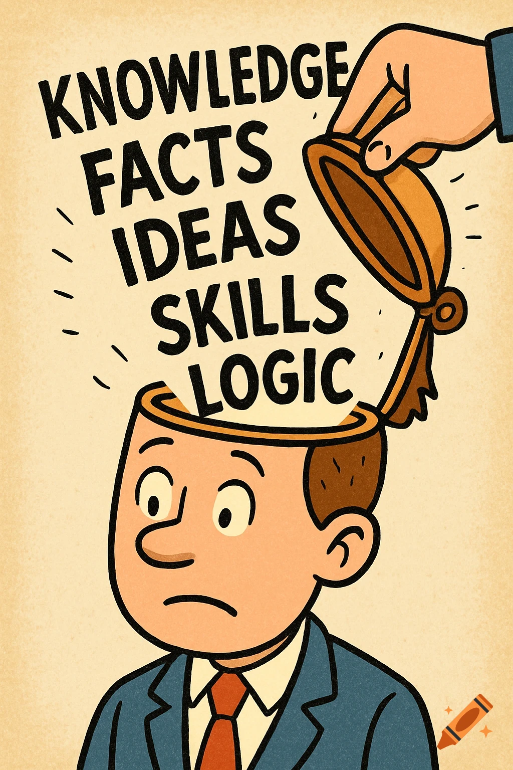 Cartoon illustration of a hand pouring words like KNOWLEDGE and IDEAS ...