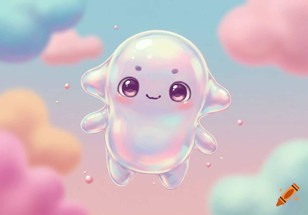 A cute, translucent iridescent bubble creature with big eyes floats ...