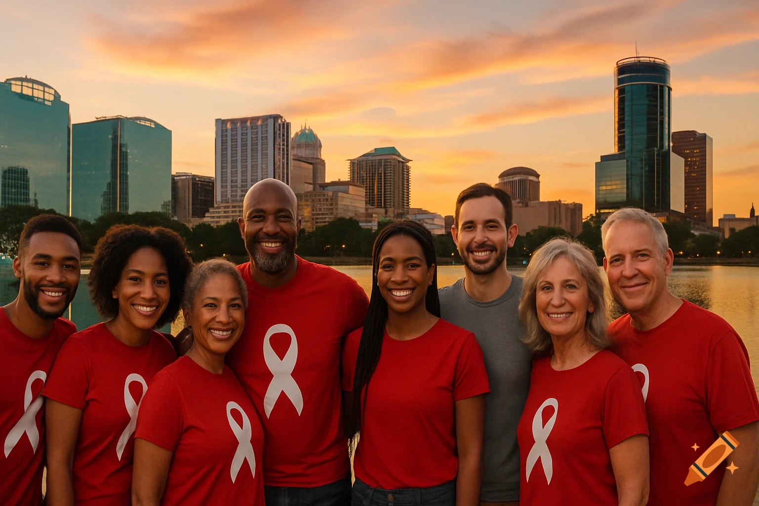 Diverse adults wearing red shirts with white ribbons stand smiling ...