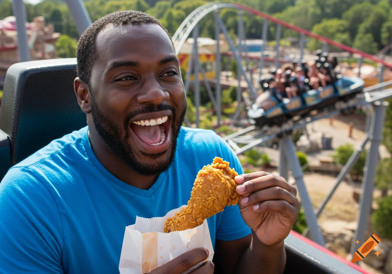 Man laughing and eating fried chicken on a rollercoaster. on Craiyon