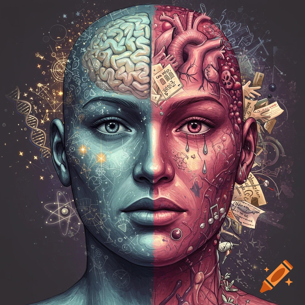 Illustration of a face split, showing brain and science on one side and ...