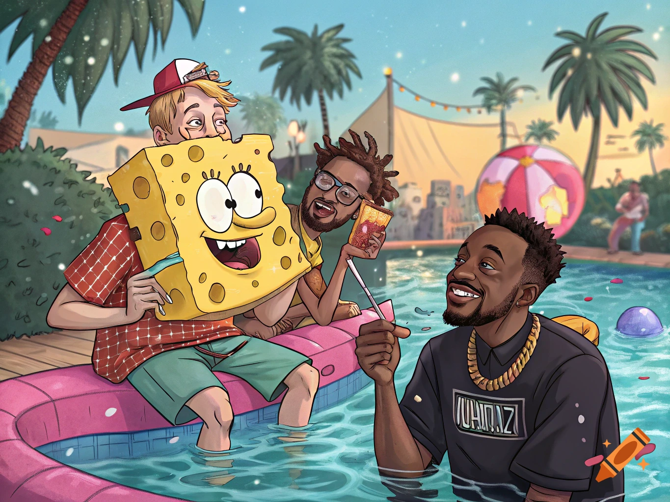 A stylized cartoon illustration of people and Spongebob at a pool party ...