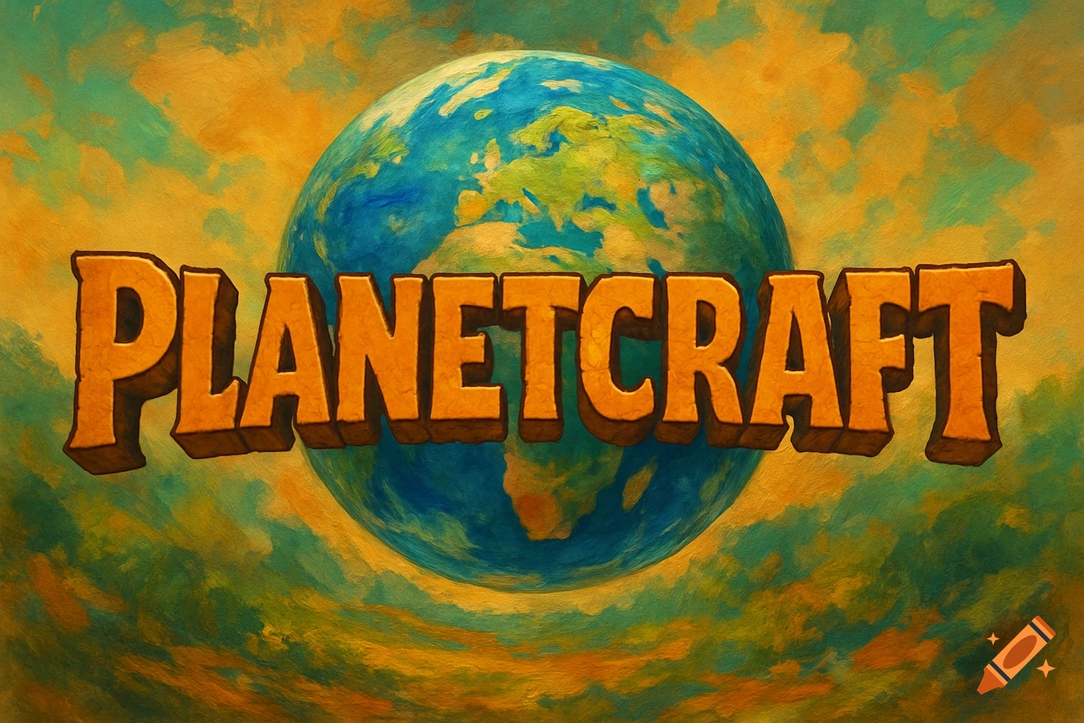 Painted Earth globe with orange 3D text 'PLANETCRAFT' across it on Craiyon