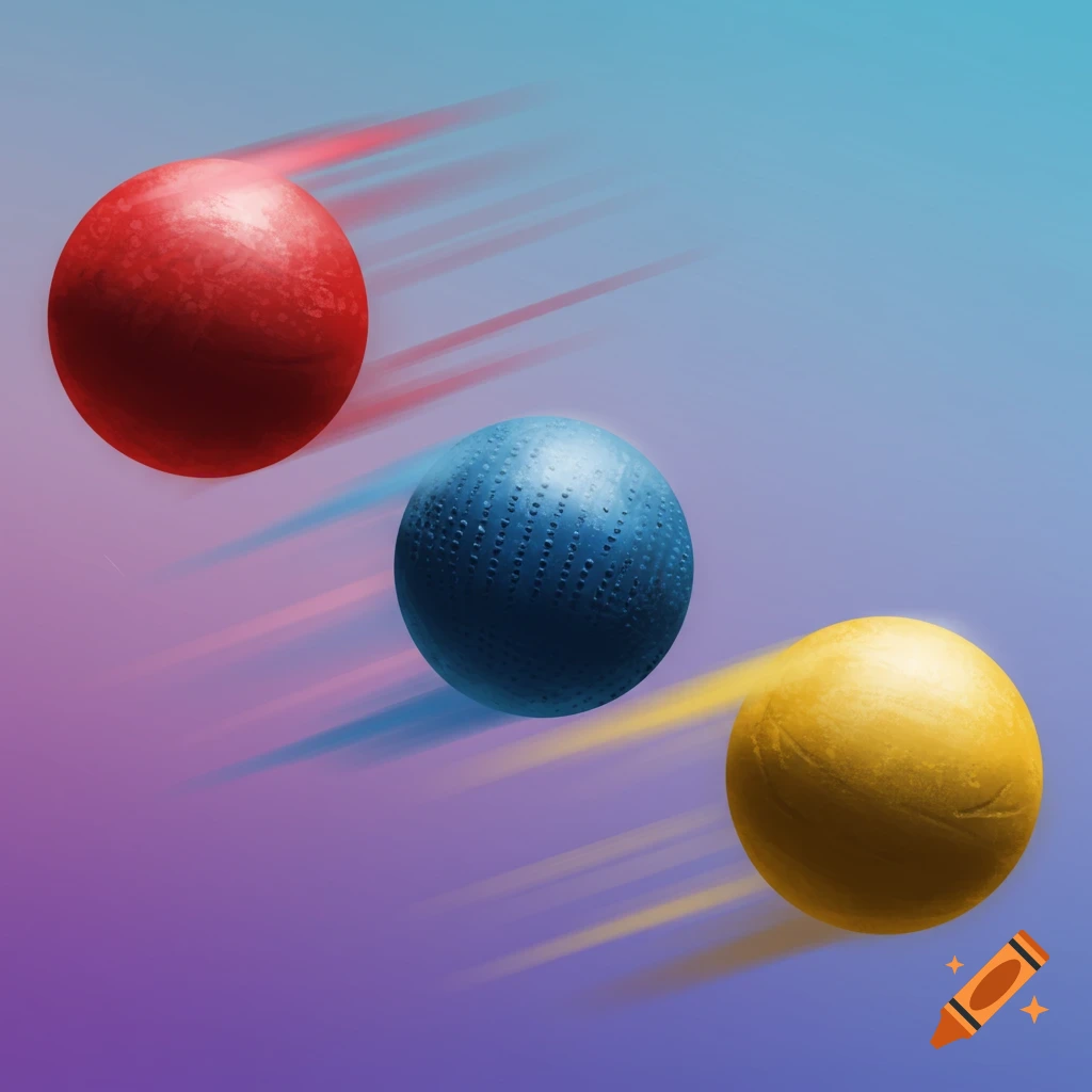 Three red, blue, and yellow juggling balls with motion blur trails against a gradient background ...