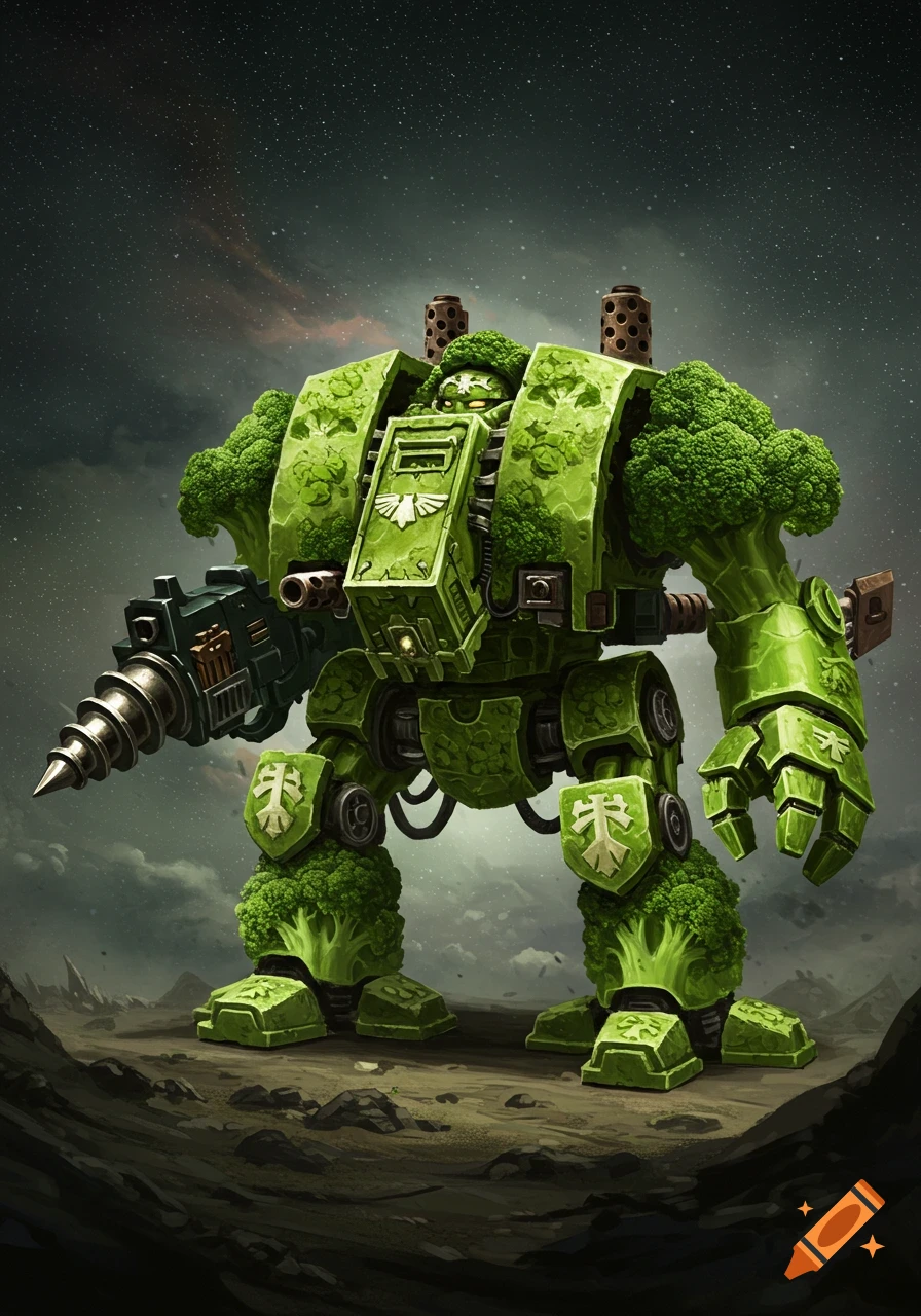 A giant broccoli dreadnought robot stands on a rocky planet under a ...
