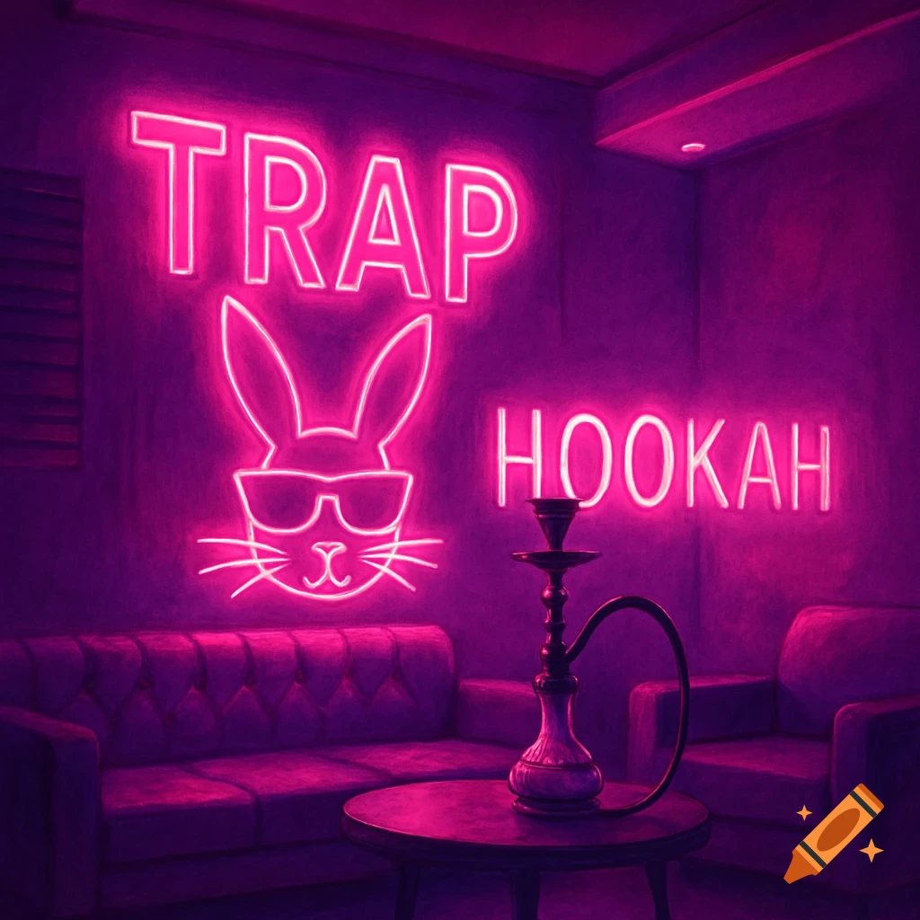 A purple-lit lounge with pink neon signs that read "TRAP" and "HOOKAH ...