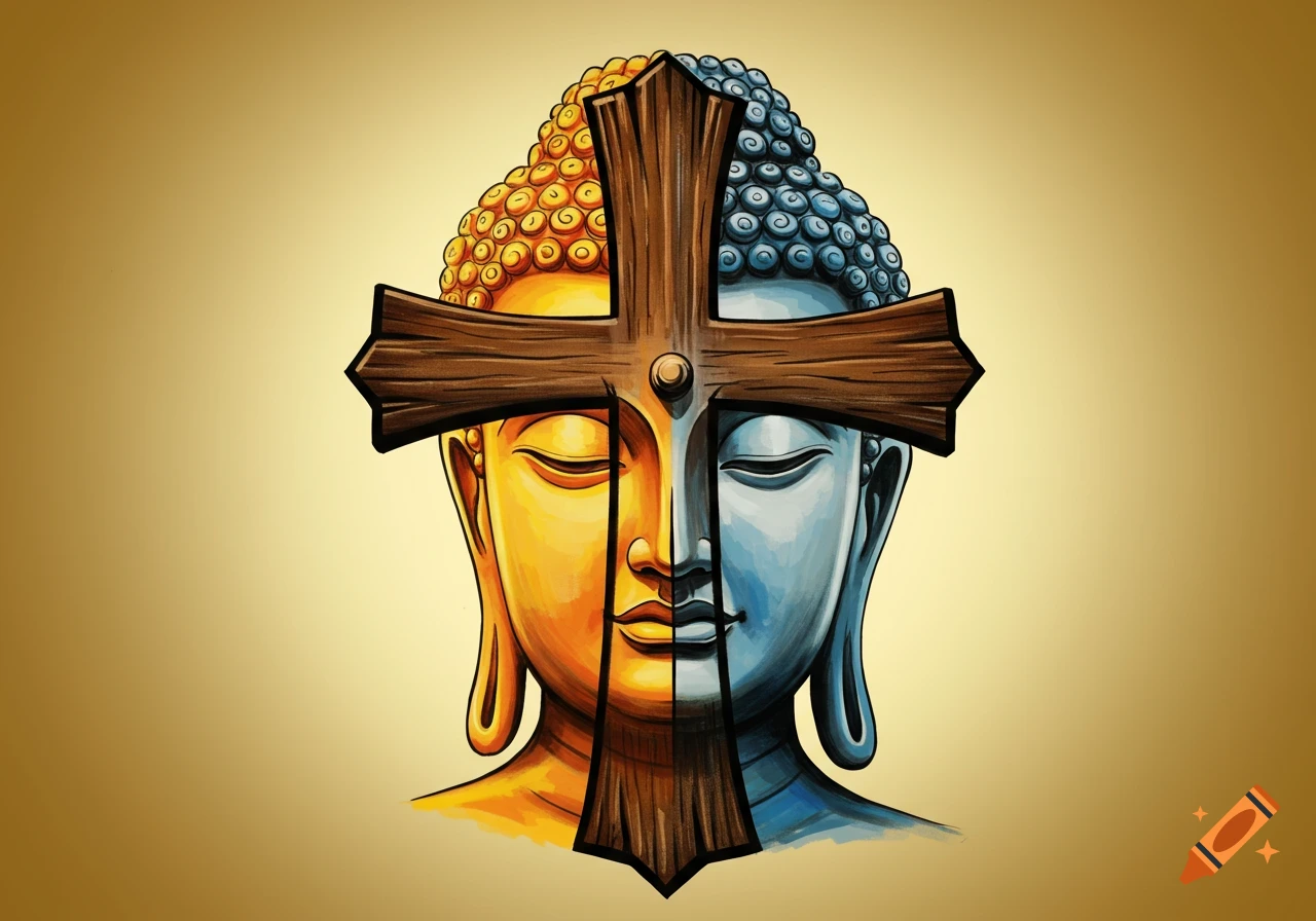 Stylized artwork depicting a Buddha face split down the middle and overlaid with a Christian ...