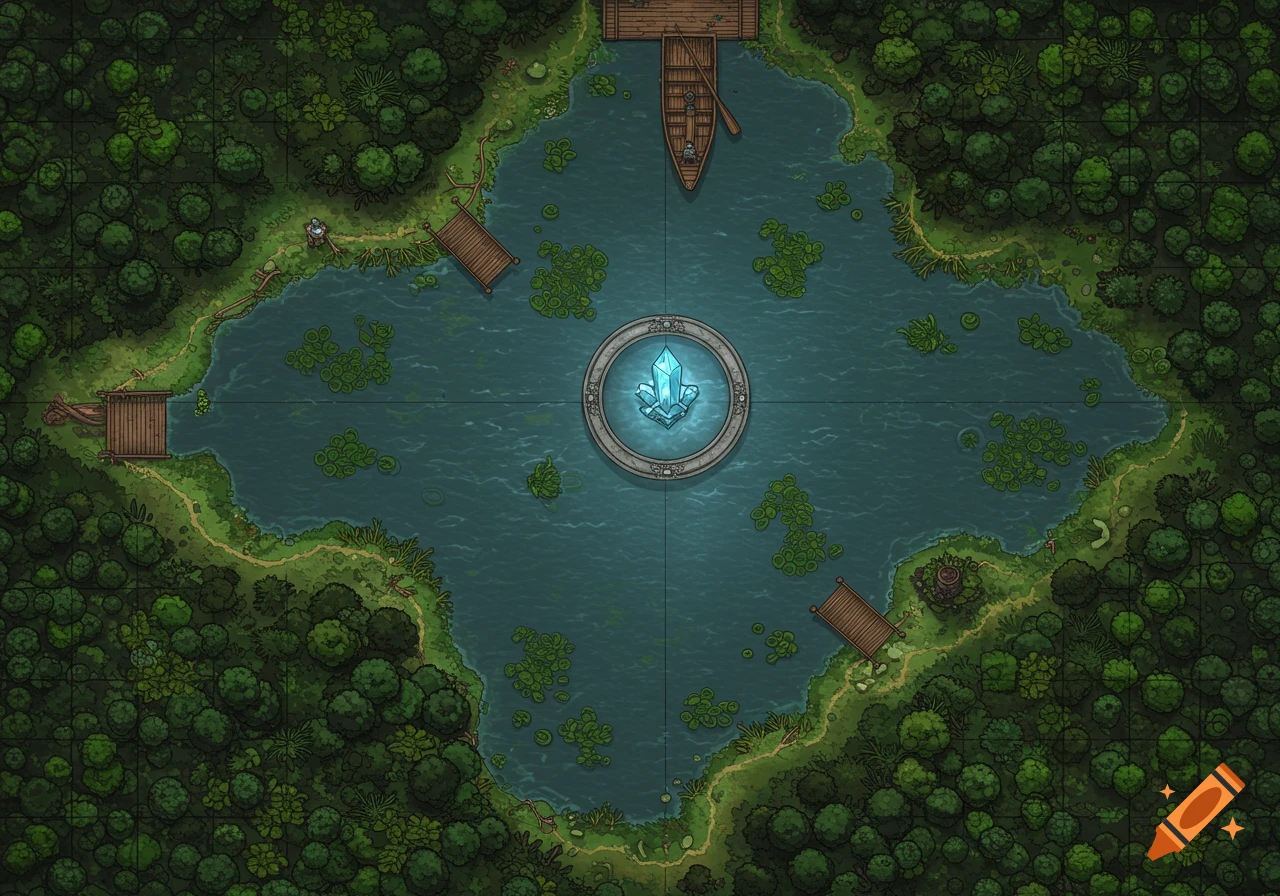 Top-down fantasy battle map of a forest lake with a glowing crystal ...