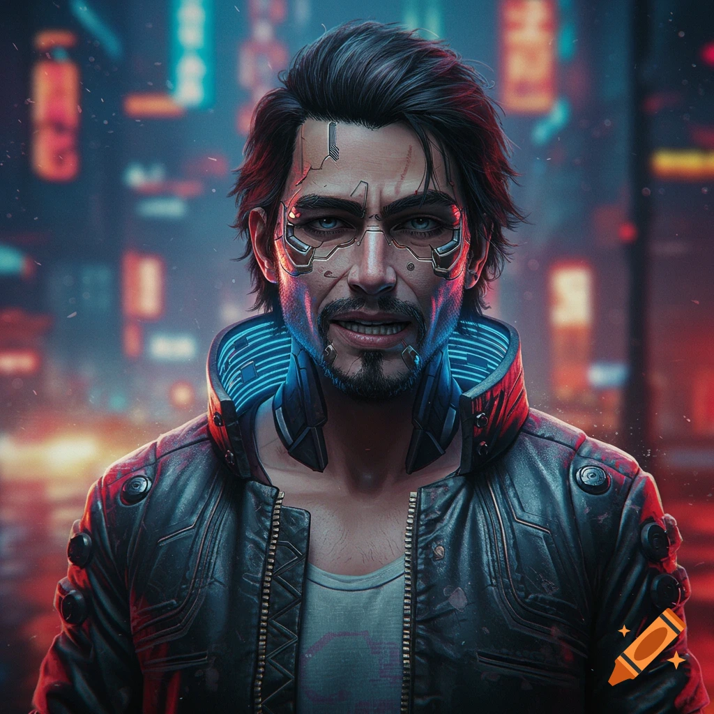 Cyberpunk portrait of a man with face implants and glowing collar in a ...