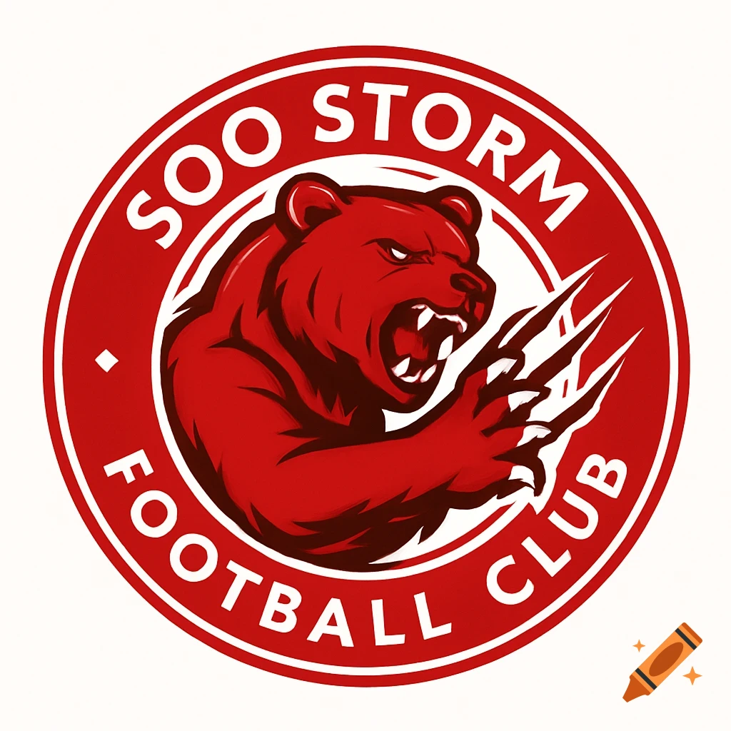 A red and white circular sports logo featuring a red bear with claws ...