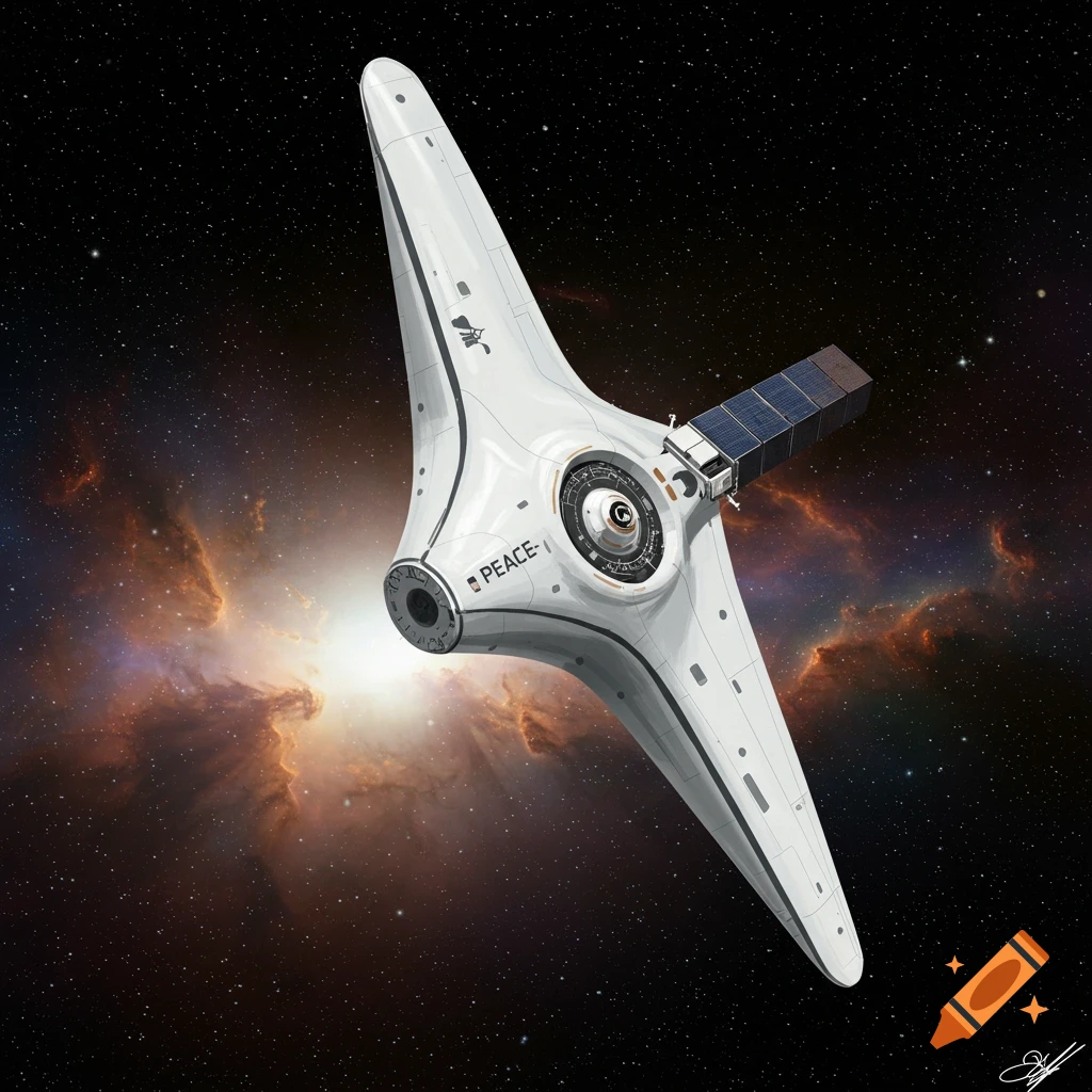 A sleek white spaceship with solar panels flies through space with a ...