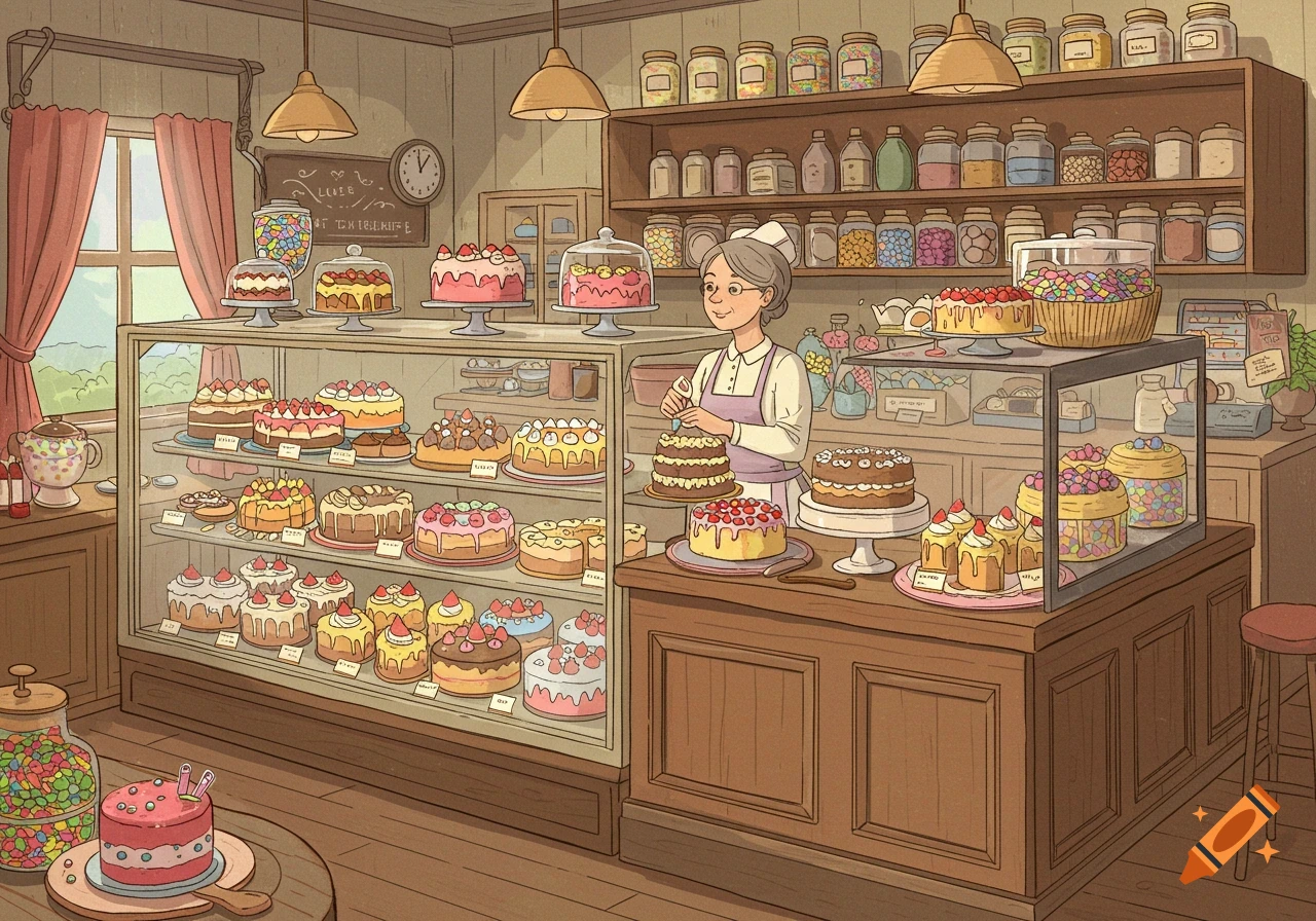 An illustration of a cozy bakery with a baker standing behind a counter ...