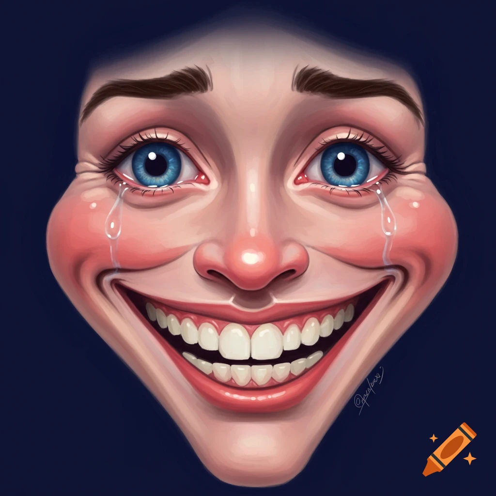 Stylized illustration of a face with a wide smile and crying eyes. on ...