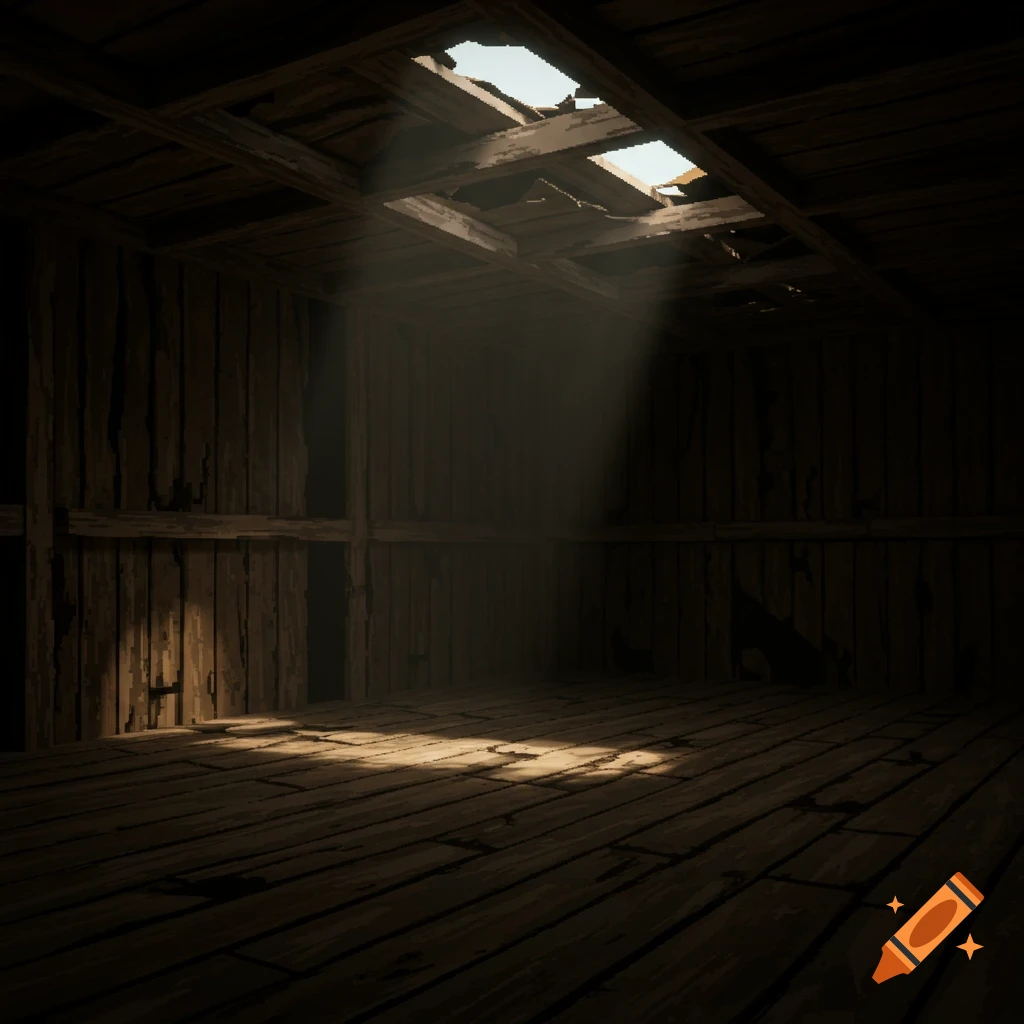 Pixel art rendering of a dark, empty wooden room with light beams ...