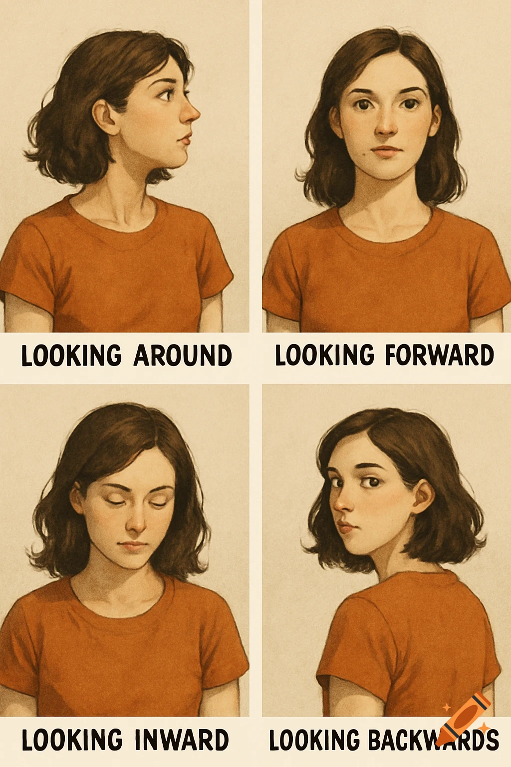 A four-panel illustration of a woman looking around, forward, inward ...