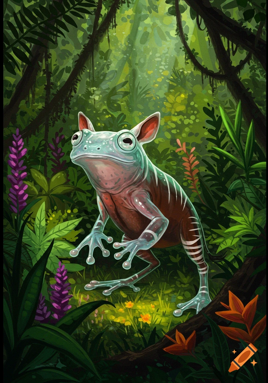 A stylized illustration of a hybrid glass frog and okapi creature ...