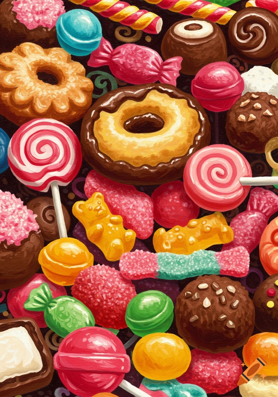 Painted close-up of various colorful candies, cookies, and a donut. on ...