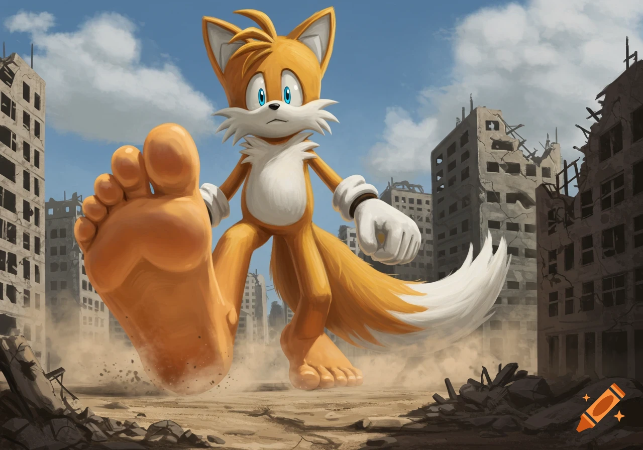 Giant Tails the Fox walks through a destroyed city, kicking up dust. on Craiyon