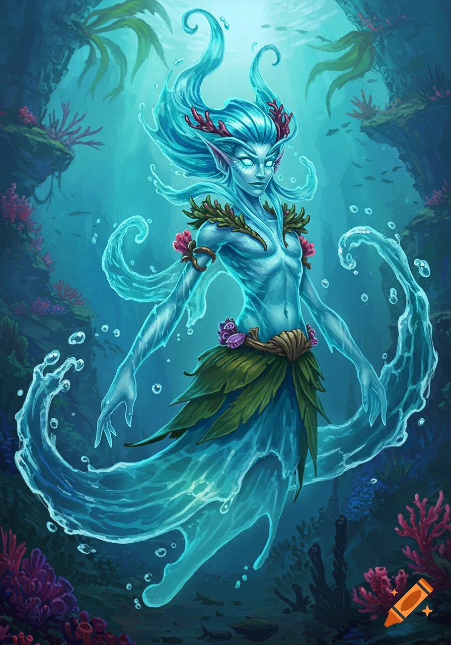 A blue water spirit creature floats underwater among coral and plants ...