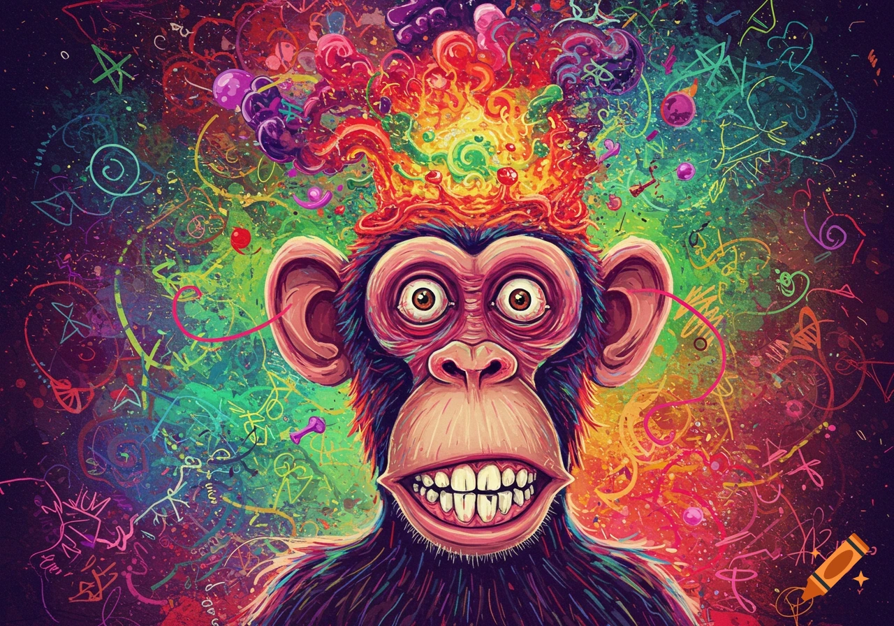 Colorful, abstract portrait of a monkey with swirling patterns and ...