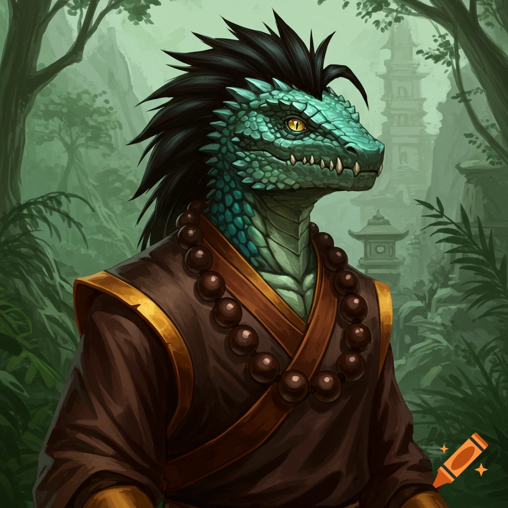 Portrait of a lizardfolk monk in green scales and brown robes with ...