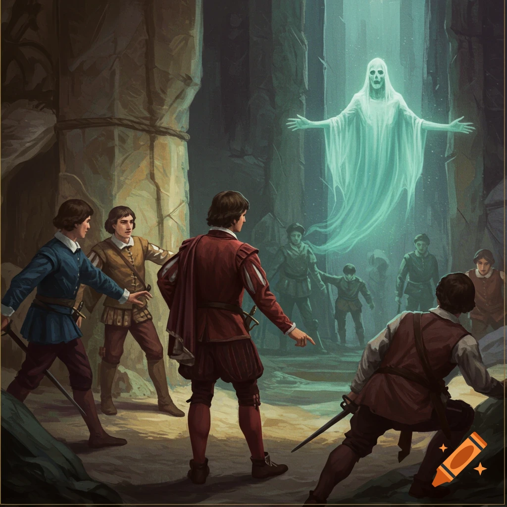 Illustration of figures in renaissance clothing encountering a glowing ...