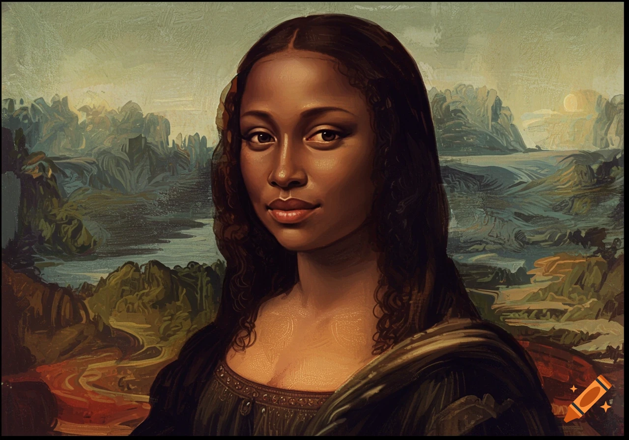 Portrait of a Black woman smiling in the style of the Mona Lisa painting. on Craiyon