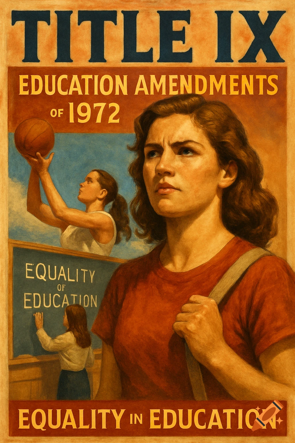 Vintage poster on Title IX with text about education equality, depicting women playing ...