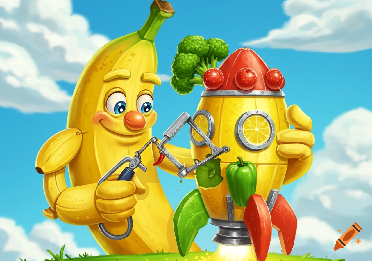 Cartoon banana character holds a tool next to a rocket made of ...