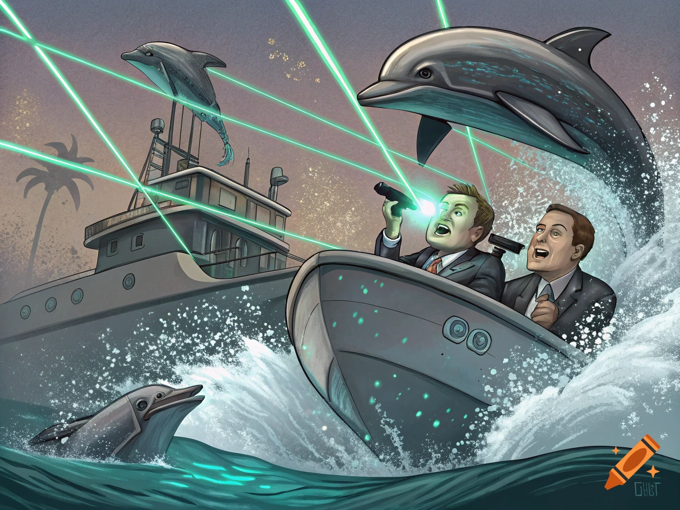 Cartoon illustration of Elon Musk and Jeff Bezos shooting guns from a ...