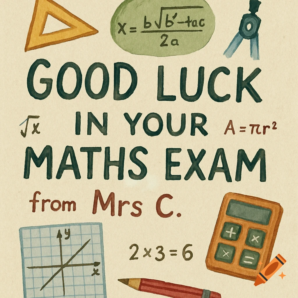 Watercolor illustration with math symbols and text 'Good Luck in Your ...