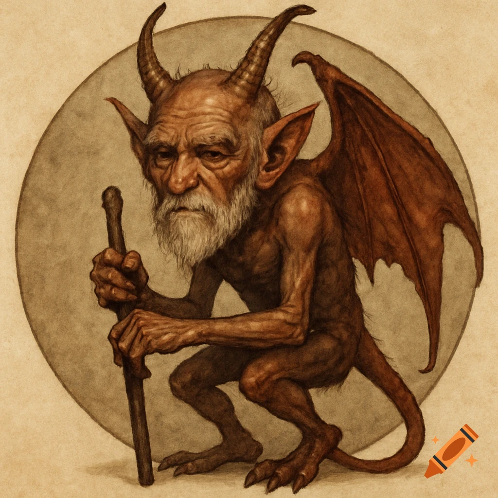 Illustration of an old imp-like fantasy creature with horns, wings, and ...