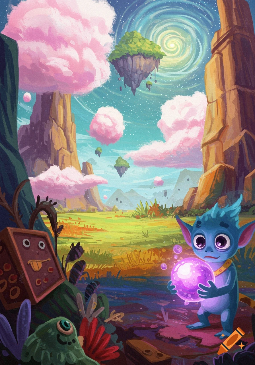 Blue creature holds glowing orb in colorful fantasy landscape with pink ...