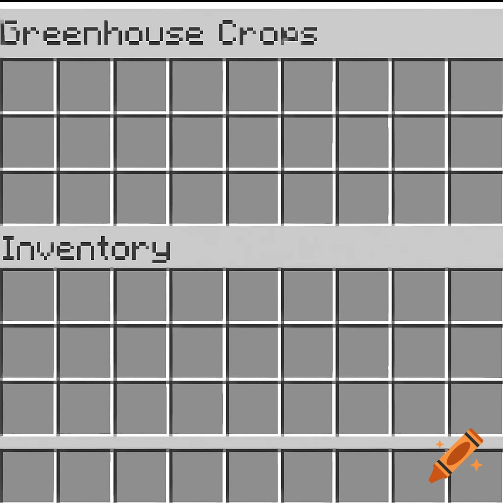 Pixelated video game GUI showing empty inventory slots with 'Greenhouse ...