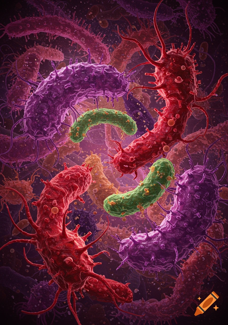 Close-up view of various colorful, spiky and rod-shaped microbes or ...