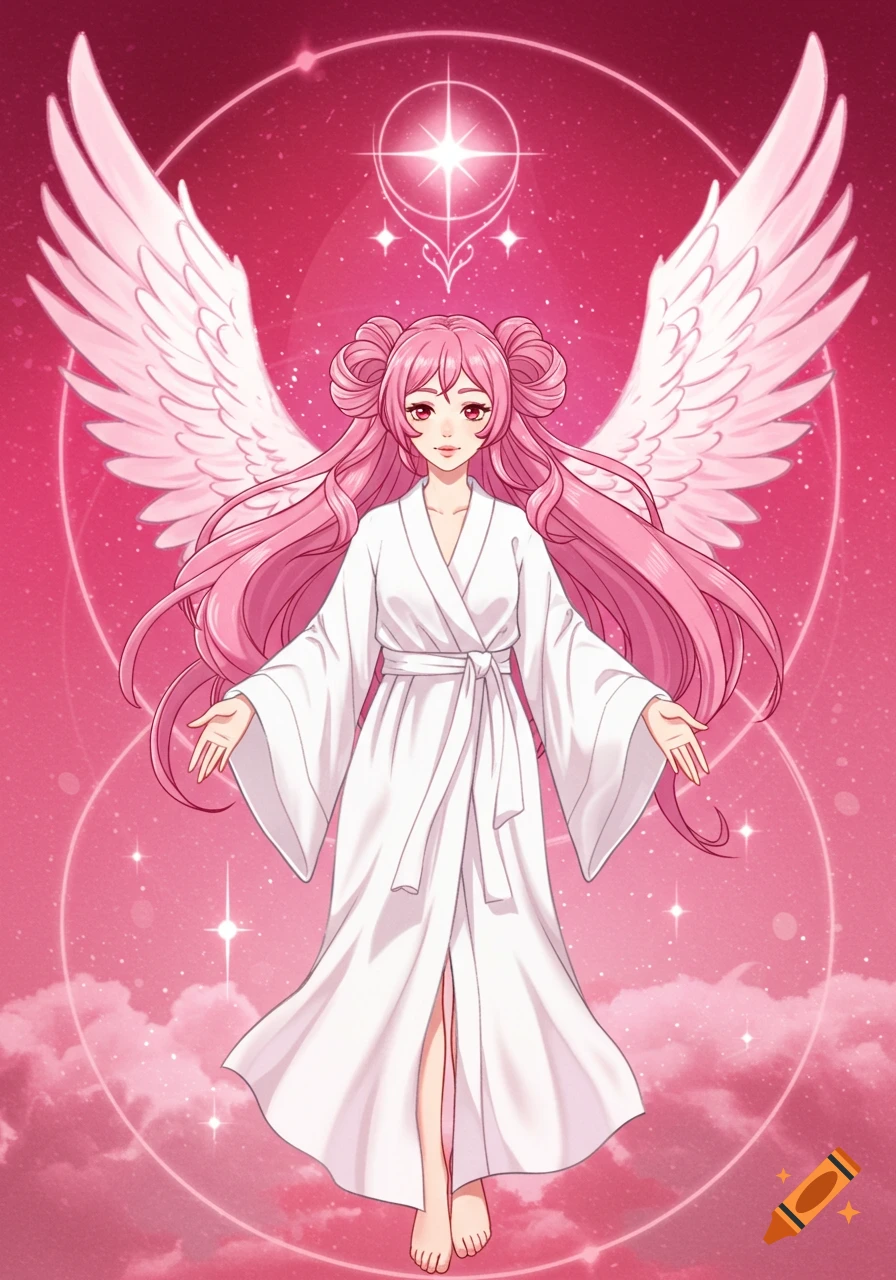 Anime style image of a pink-haired girl with white wings and robes ...