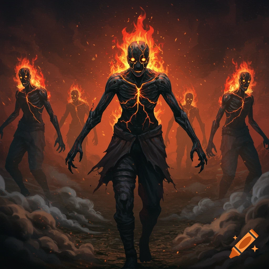 Dark, charred figures covered in fire and glowing veins walk through ...