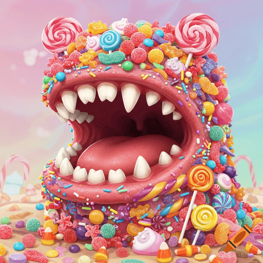 A cartoon monster made entirely of brightly colored candies with a ...