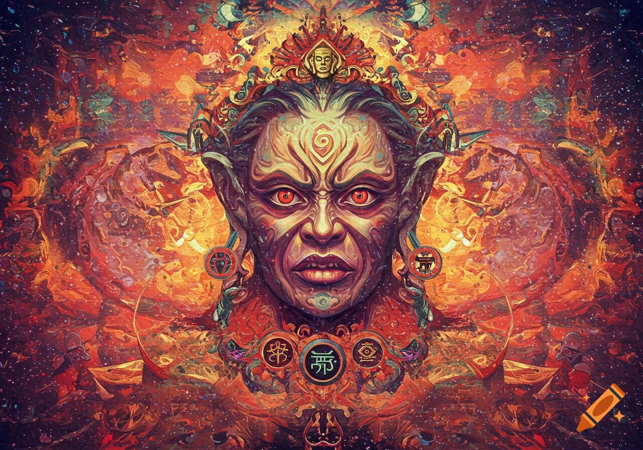 Intense, stylized fantasy face with red eyes and ornate headdress ...