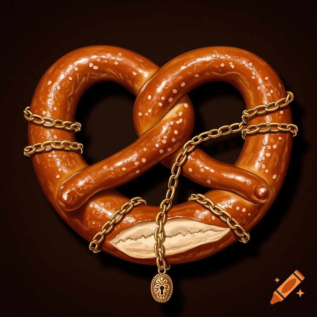 A heart-shaped pretzel wrapped in gold chains with a small lock on a ...
