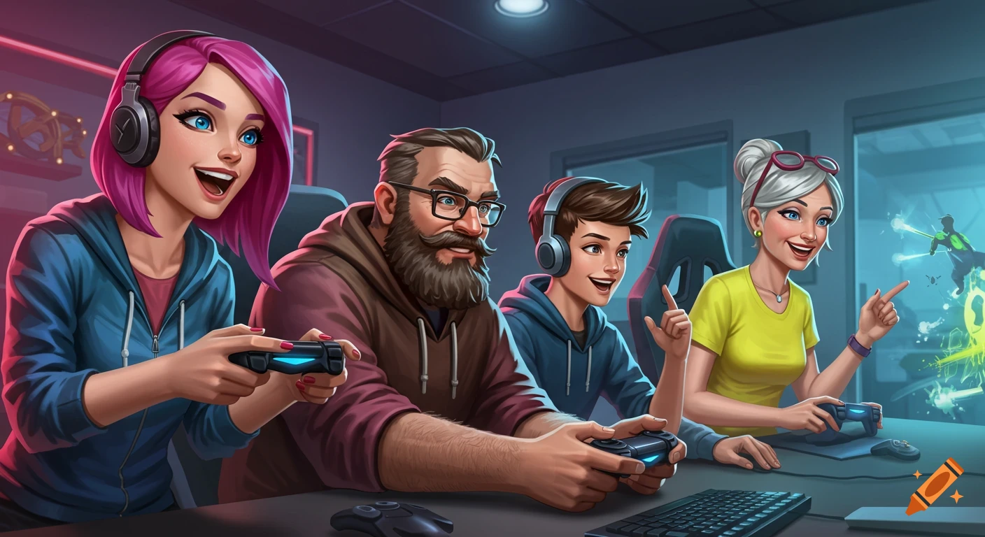 Digital illustration of a diverse group of people playing video games ...