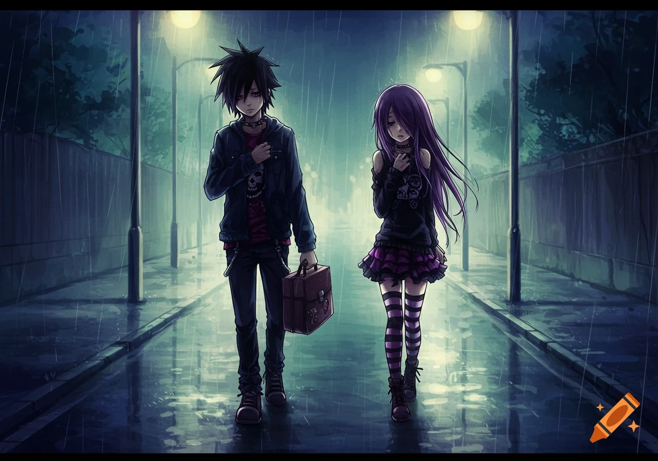 Anime illustration of two sad emo characters walking away from each ...