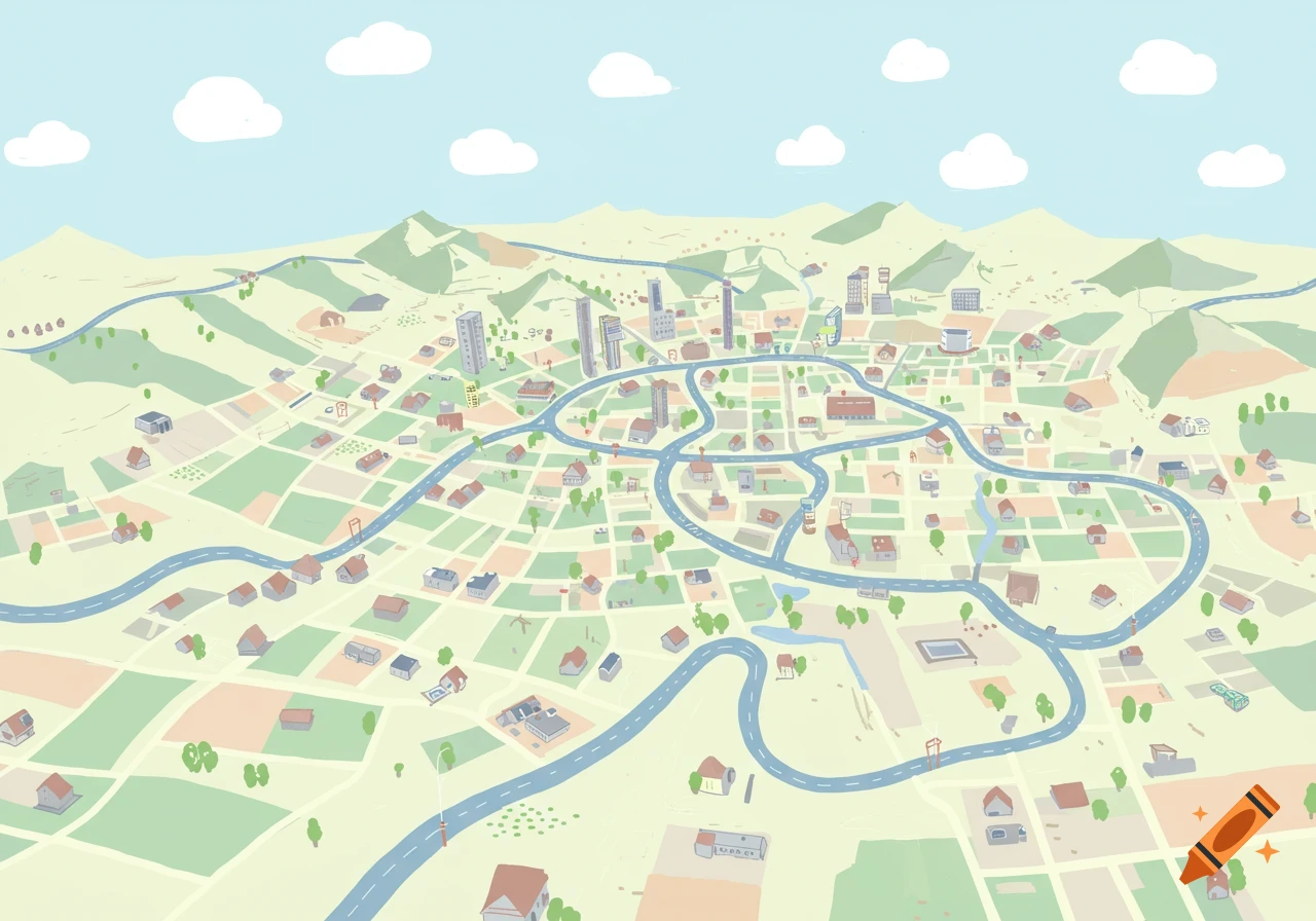 A simple cartoon map of a small city or town with rivers instead of ...