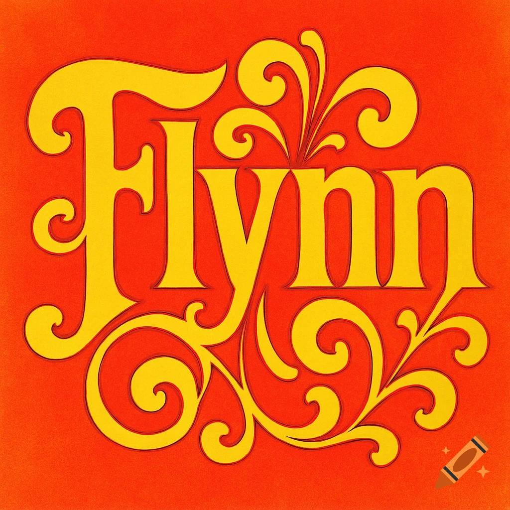 Yellow stylized lettering of the name FLYNN on an orange background ...