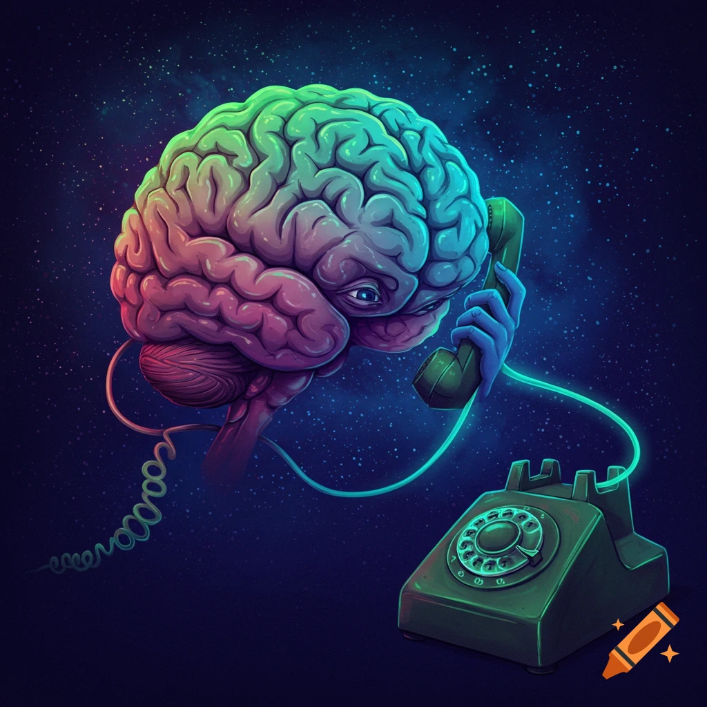 Stylized brain holding a telephone receiver connected to a rotary phone ...